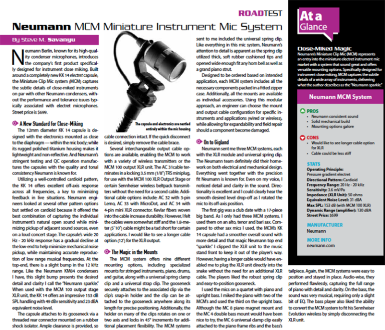 Neumann MCM Miniature Instrument Mic System | FOH | Front of House Magazine